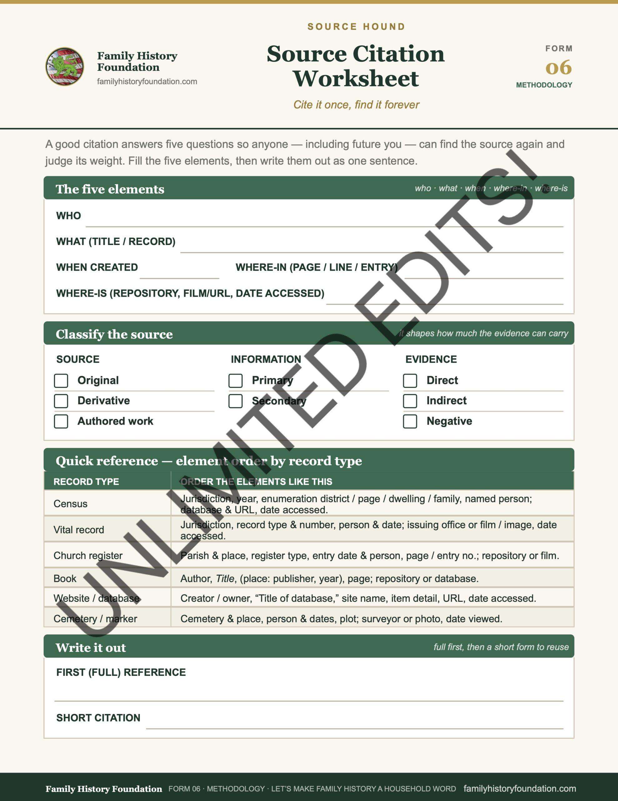 Form-Fillable Source Citation Worksheet PDF | Genealogy Citations ...